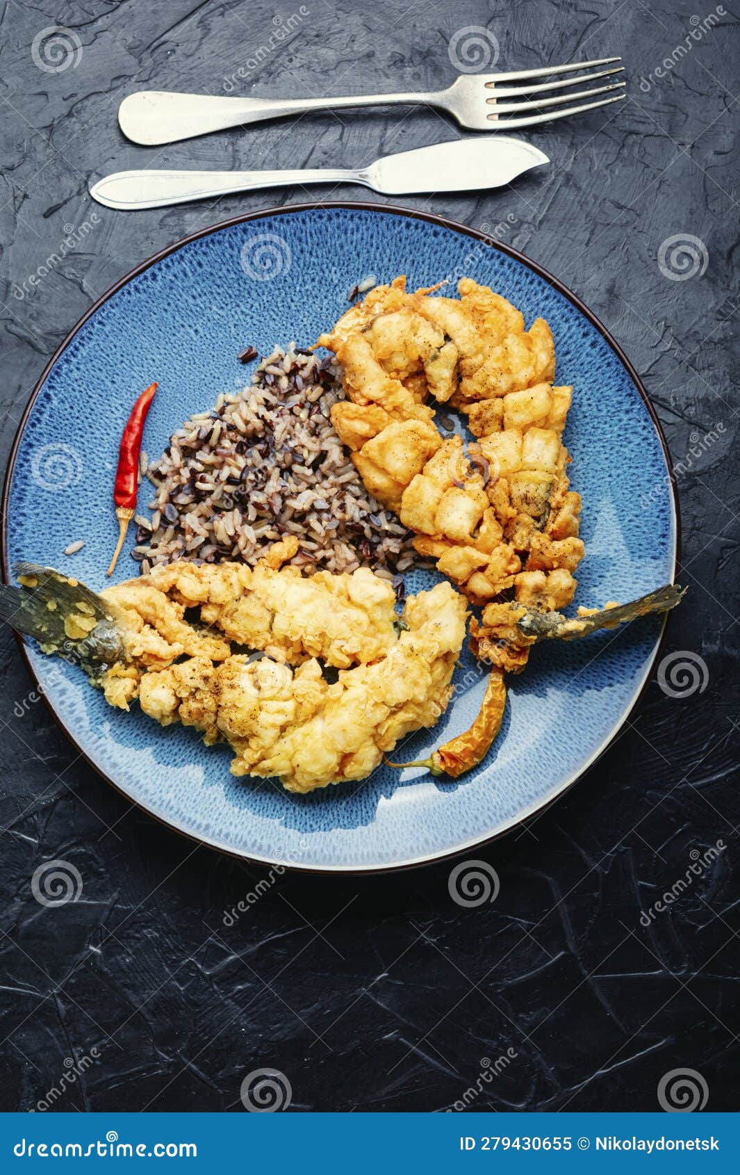 Breaded Fish and Rice on the Plate Stock Image - Image of lunch ...
