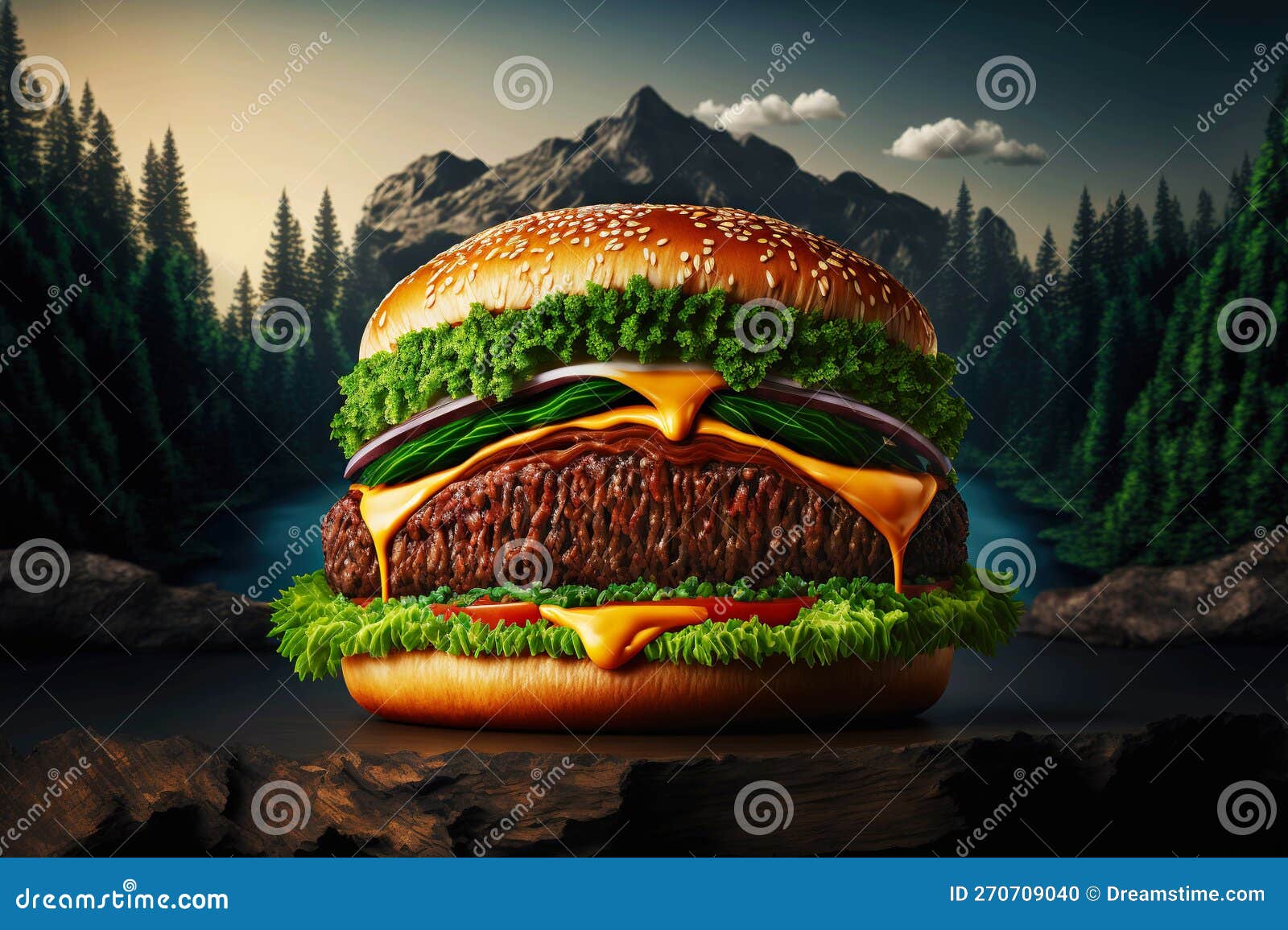 Appetizing Burger with Beef and Vegetables Against Backdrop of Mountain ...