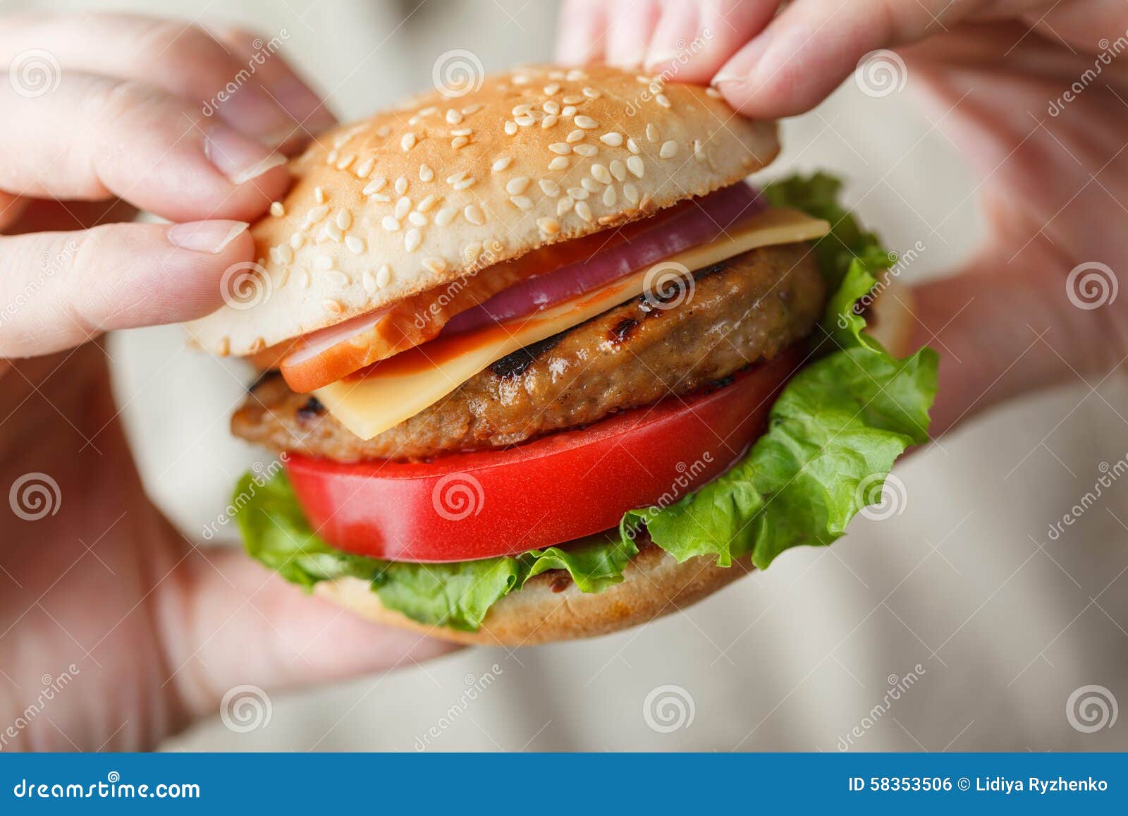 Appetizing Burger in Male Hands Stock Photo - Image of bacon, lunch ...