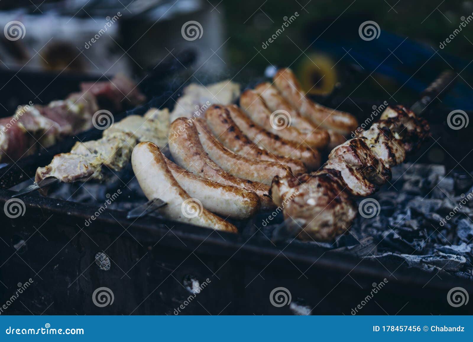 Appetizing Grilled Sausages. Assorted Fried Meat on the Grill Stock ...