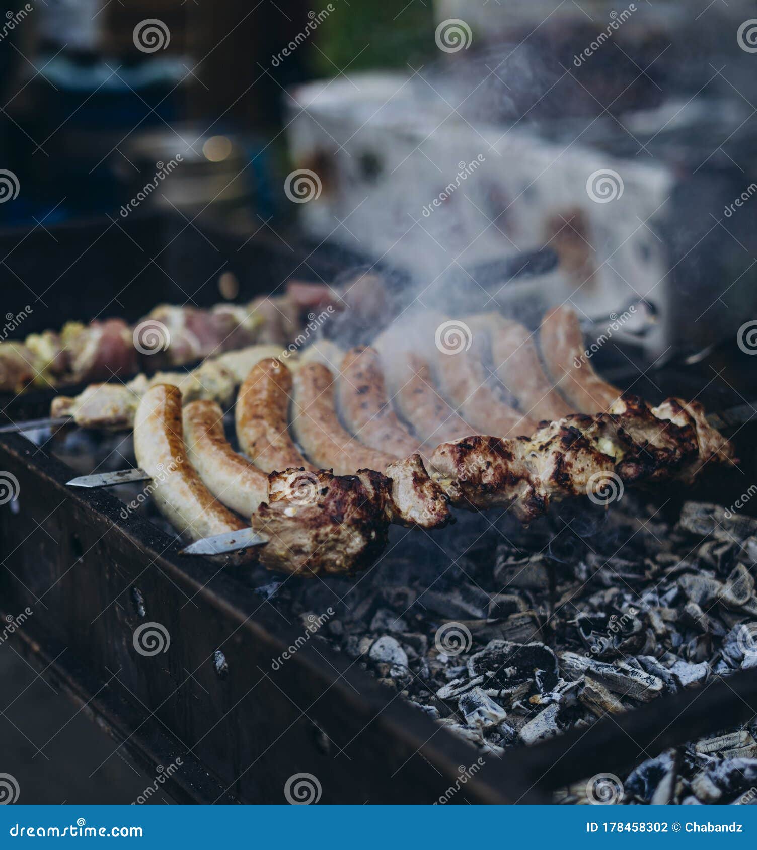 Appetizing Grilled Sausages. Assorted Fried Meat on the Grill Stock ...