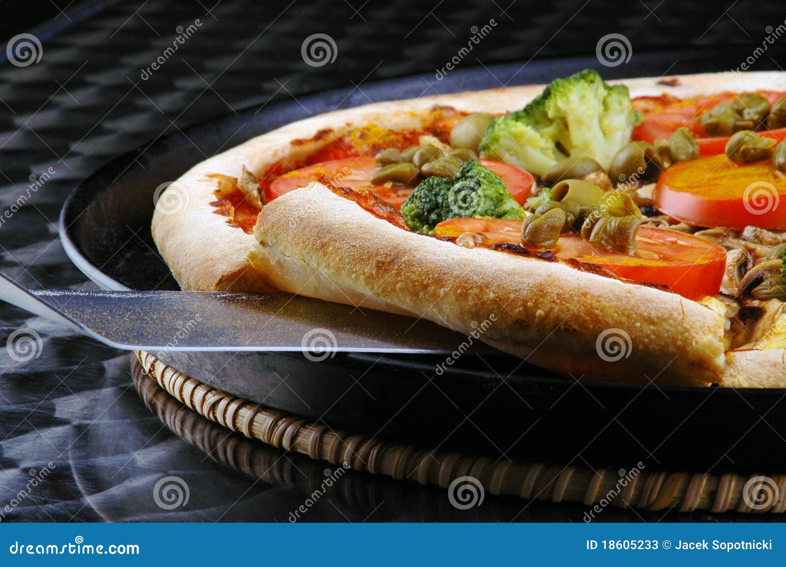 Appetizing Pizza Steel Background Stock Image - Image of green ...
