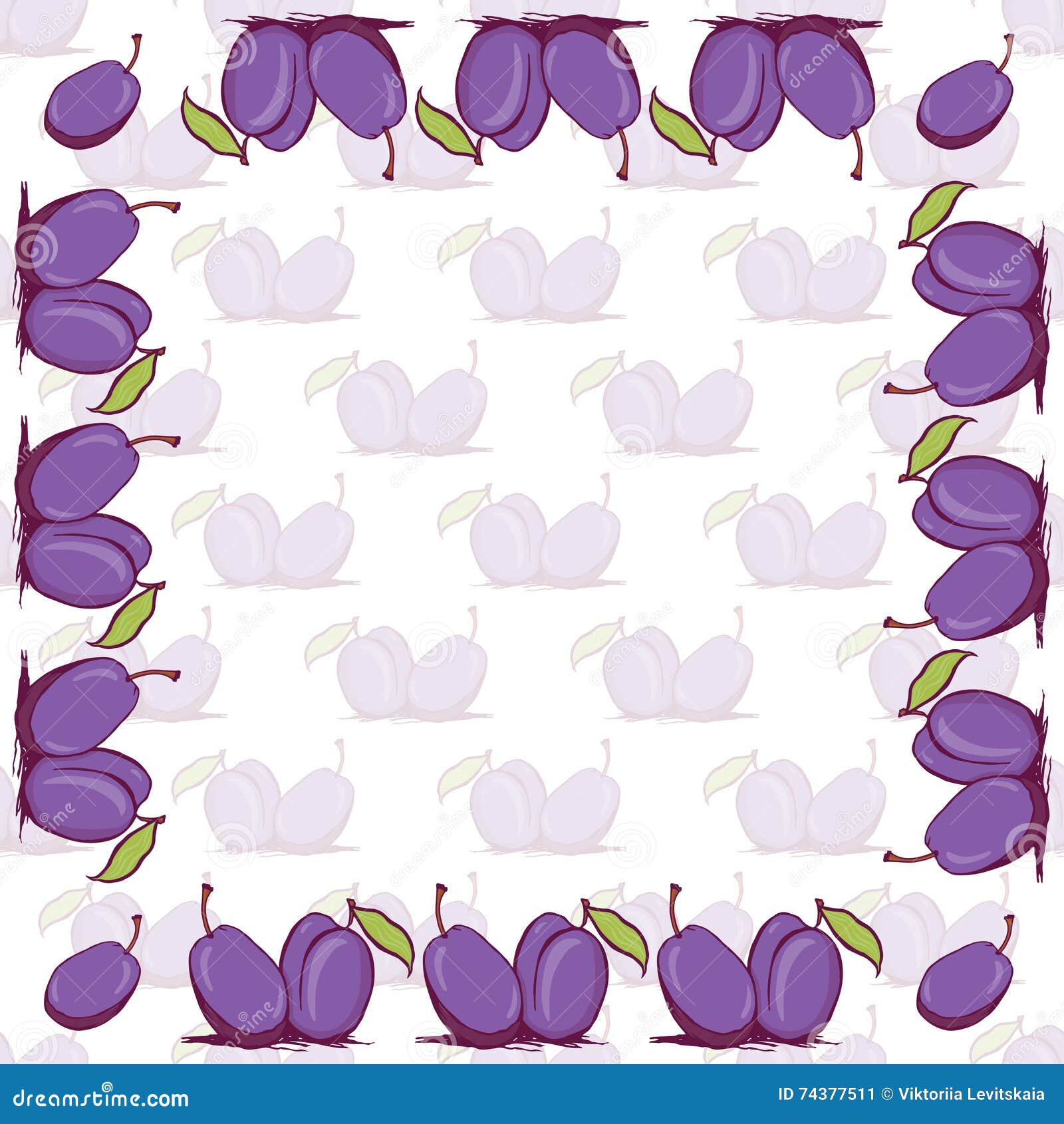 Appetizing Plum Sketch Style Vector Frame and Seamless Pattern Stock ...