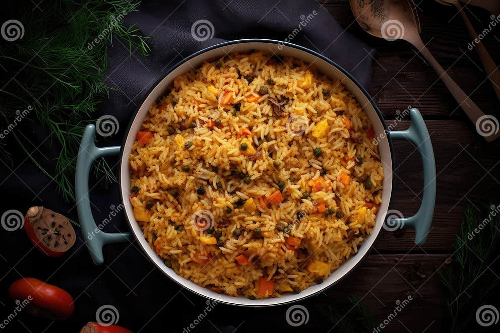 Appetizing Rice with Vegetables in a Cauldron on the Table, Top View ...