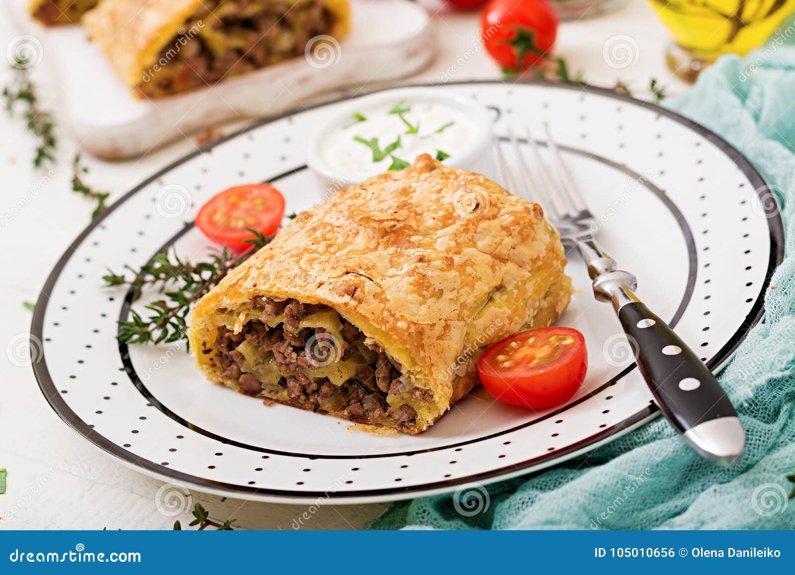 Appetizing Strudel with Minced Beef, Onions Stock Photo - Image of ...