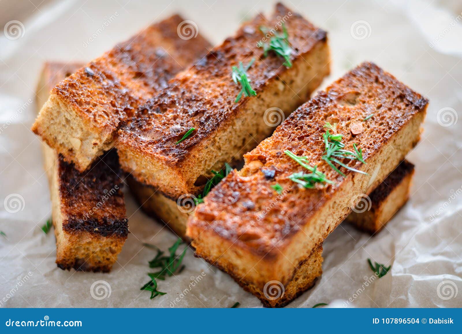 Appetizing Toasted Toasts from Rye Bread with Dill on White Back Stock ...