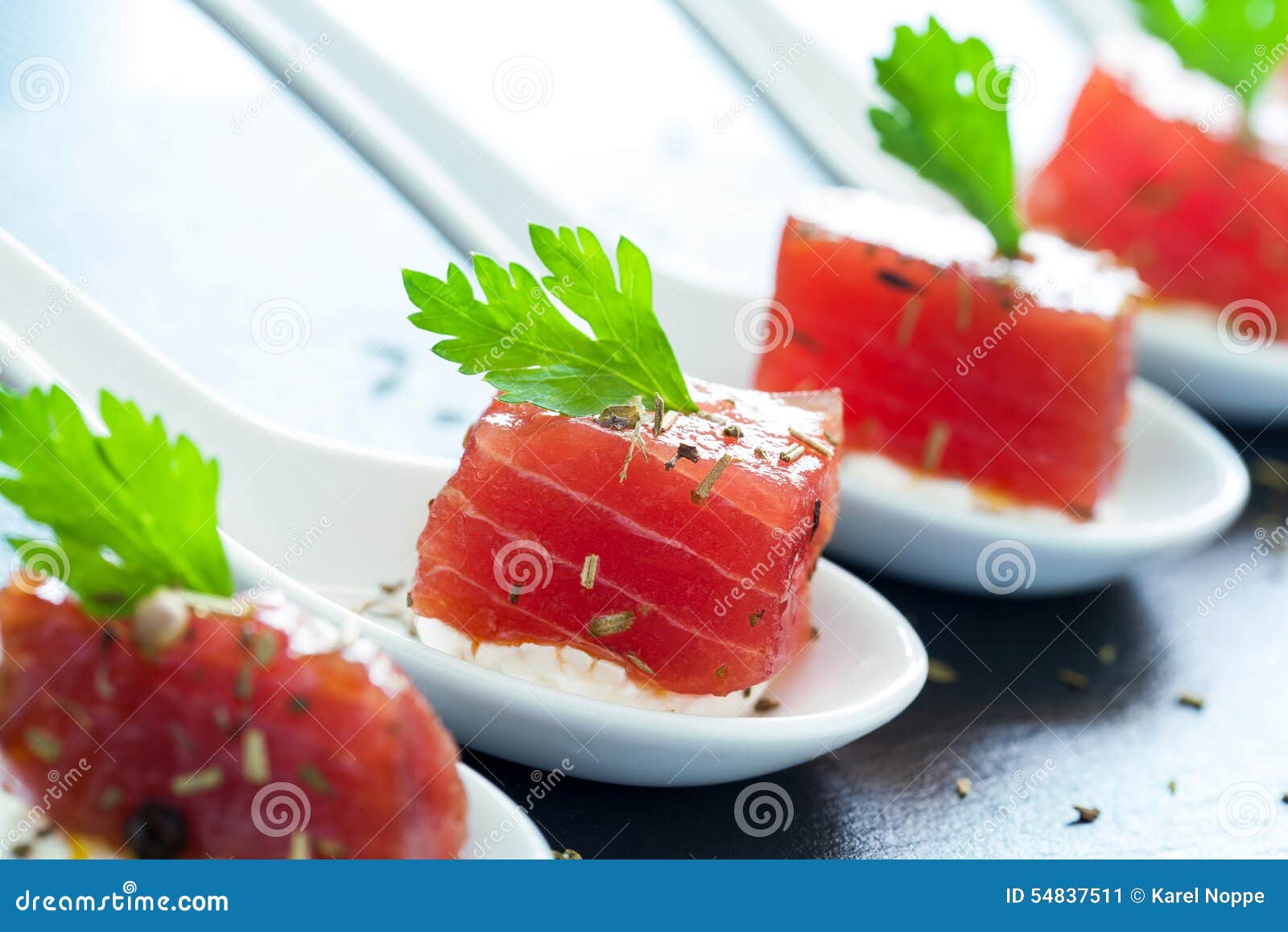 Appetizing Tuna Morsel on Ceramic Spoons. Stock Image - Image of ...