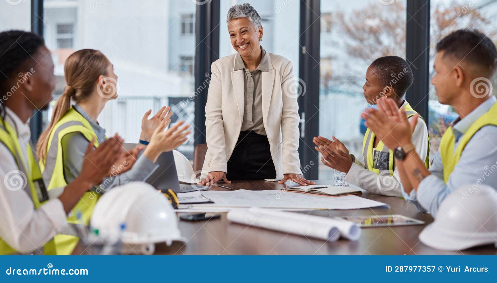 Applause, Talking and Construction Workers in a Meeting with a Manager ...