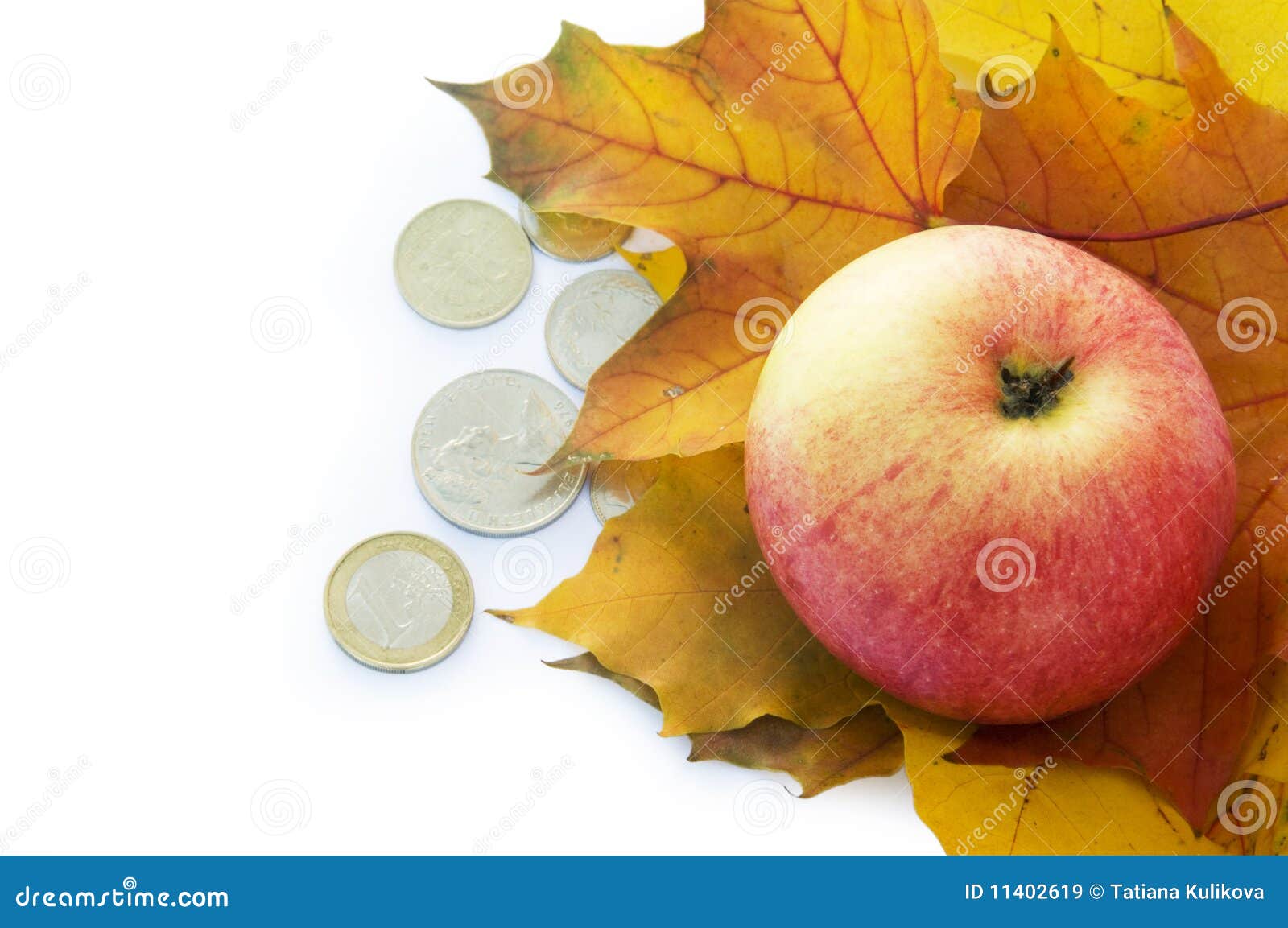 Apple, Autumn Leaves and Coins. Stock Image - Image of foliage ...