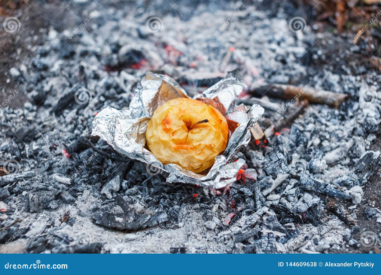 Apple Baked on Coals in the Evening Stock Photo - Image of prepared ...
