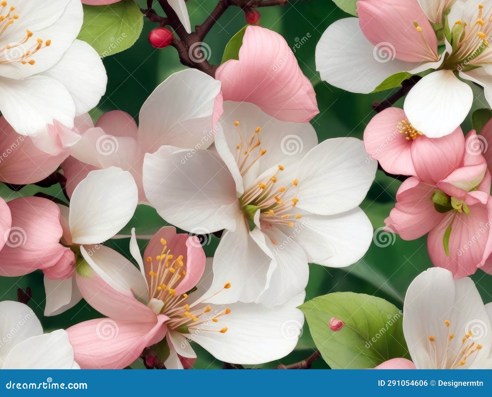 Apple Blossom Flowers Illustration Seamless Pattern in Realistic Style ...