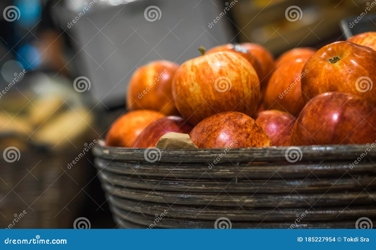 Red fresh Apple in bucket stock photo. Image of barrel - 185227954