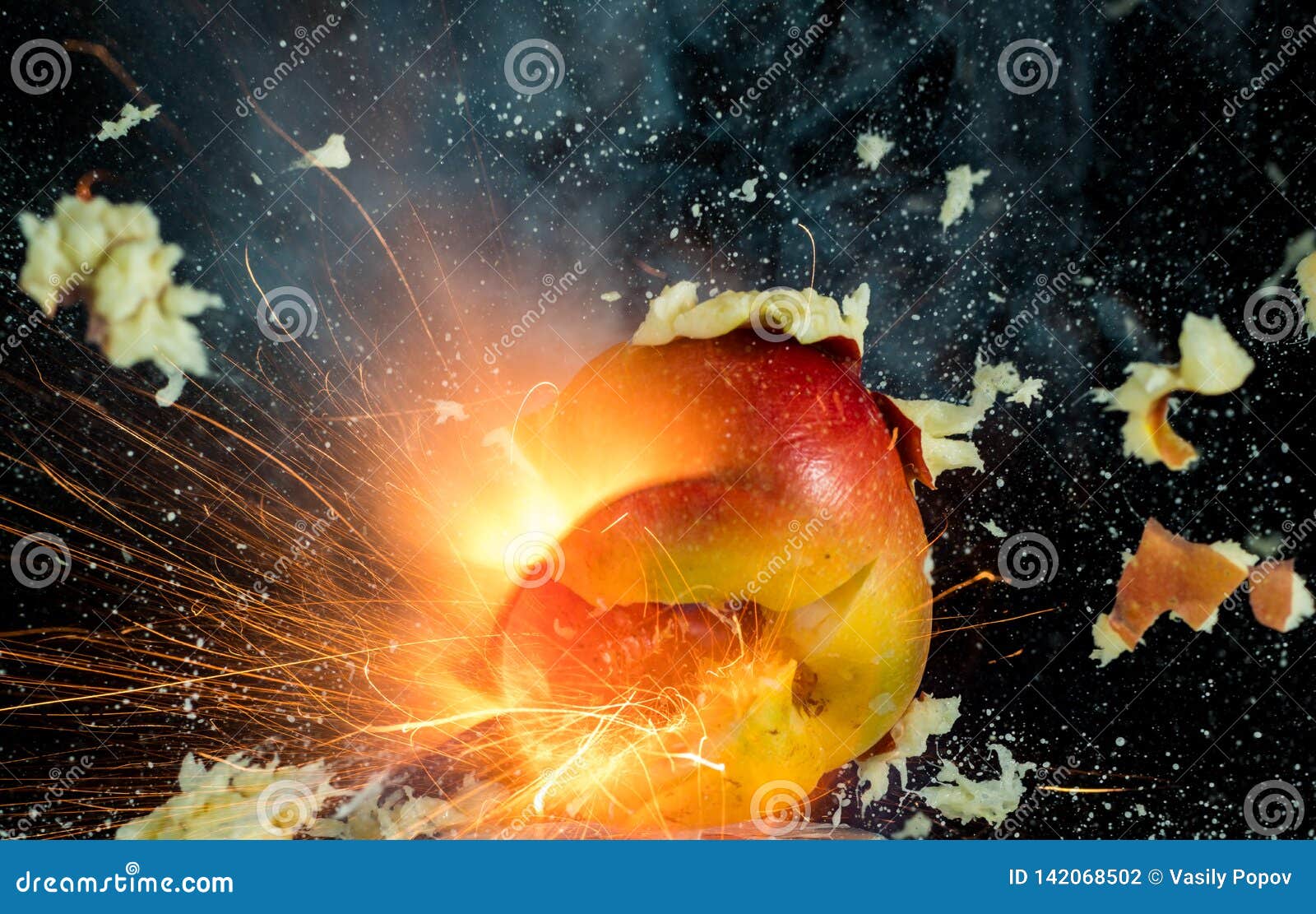 Apple Burst into Pieces on Black Background Stock Photo - Image of ...