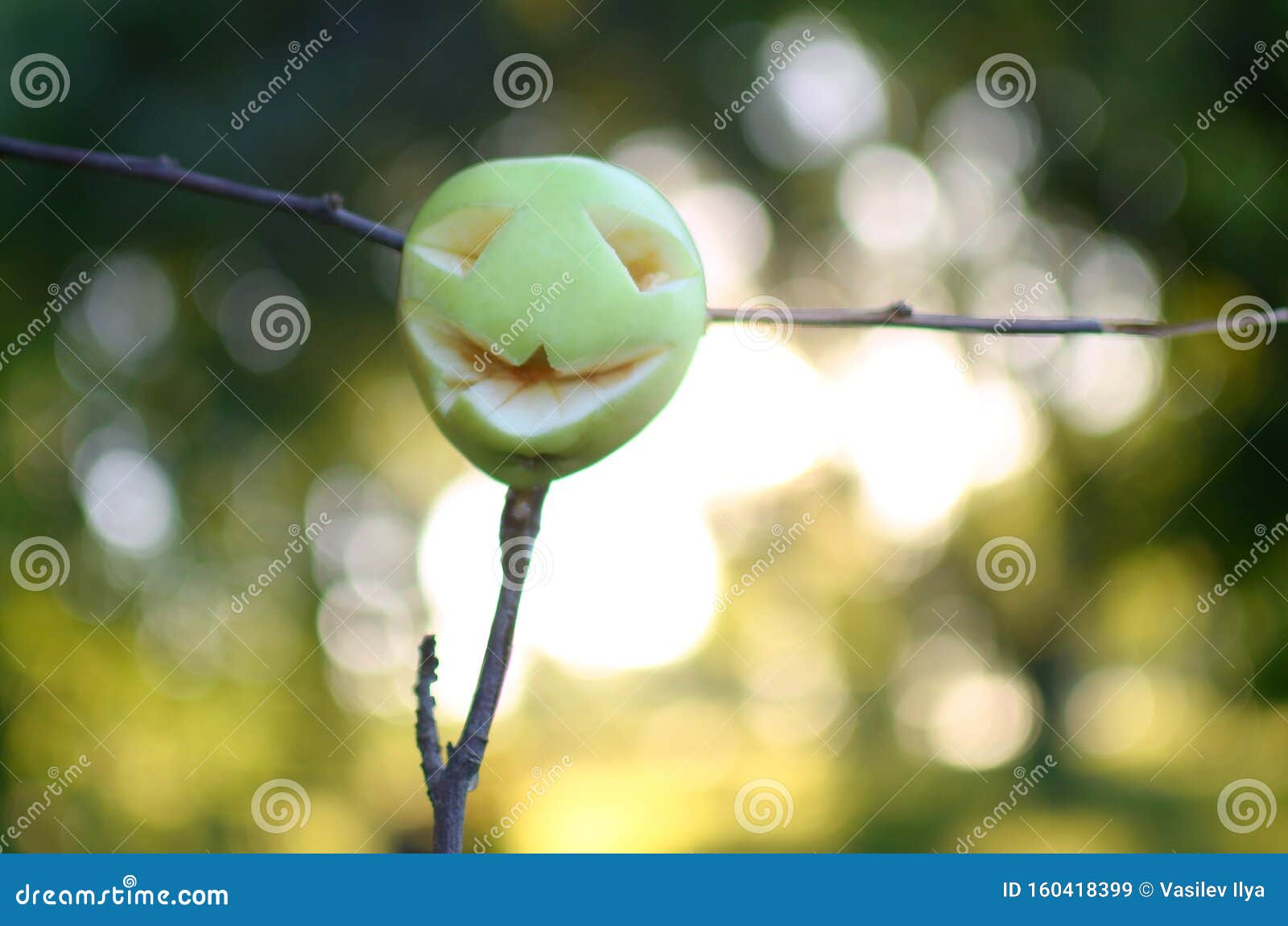 Apple with Carved for Halloween Scary Face Impaled on a Stick Stock ...