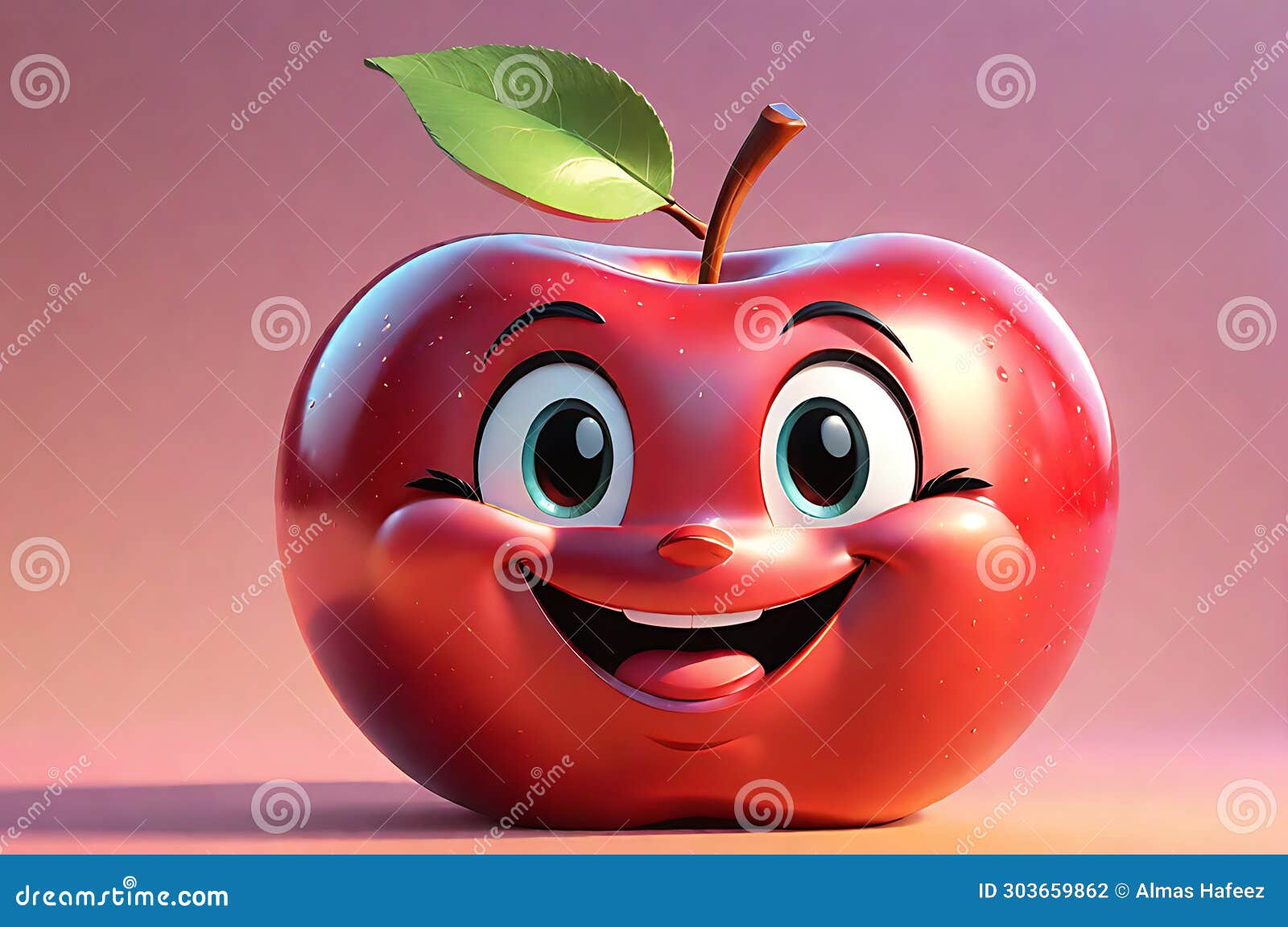 Apple Character Smiling - 3D Render with Exaggerated Cute Features ...