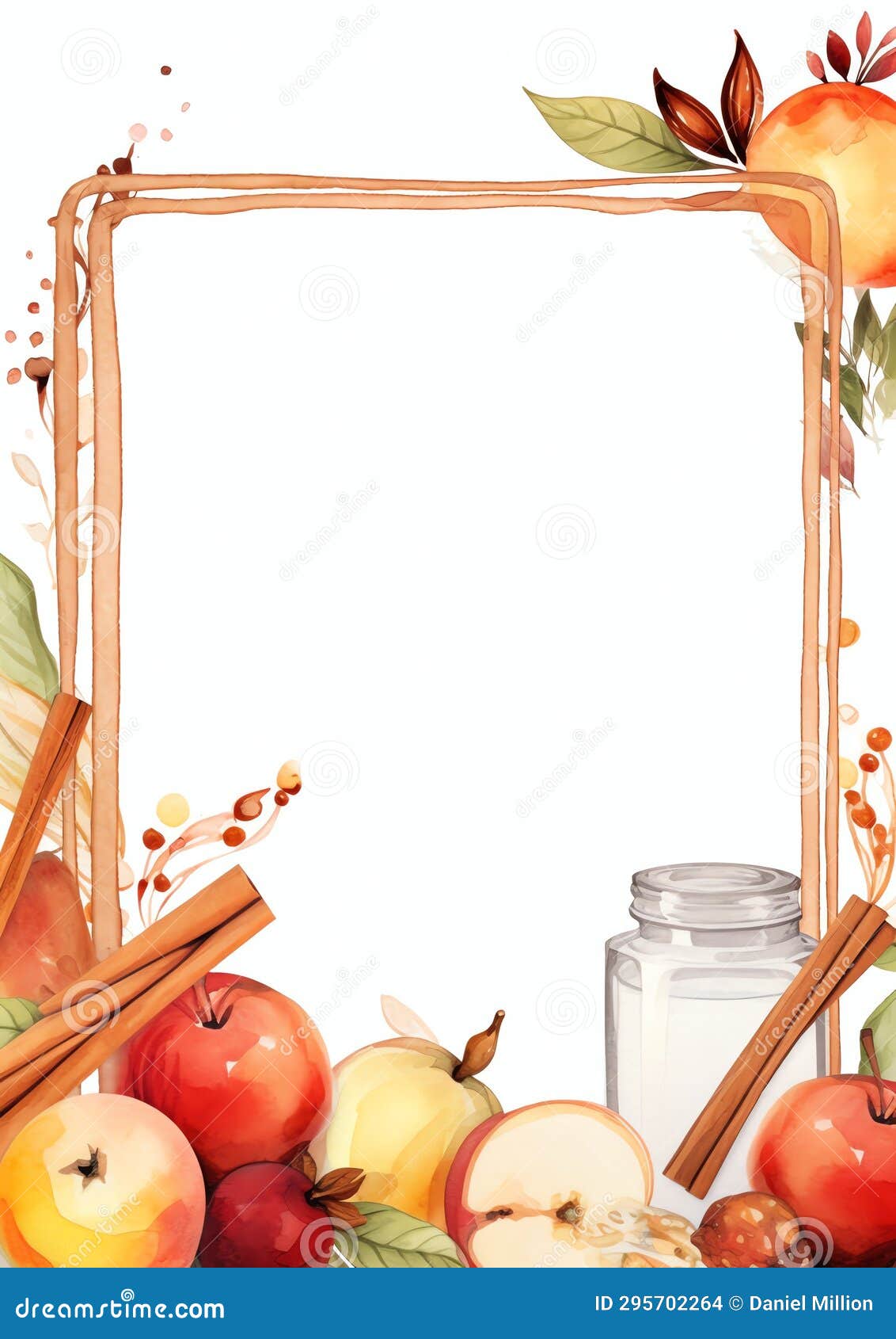 Apple Cider and Cinnamon Sticks Watercolor Border Frame Stock ...