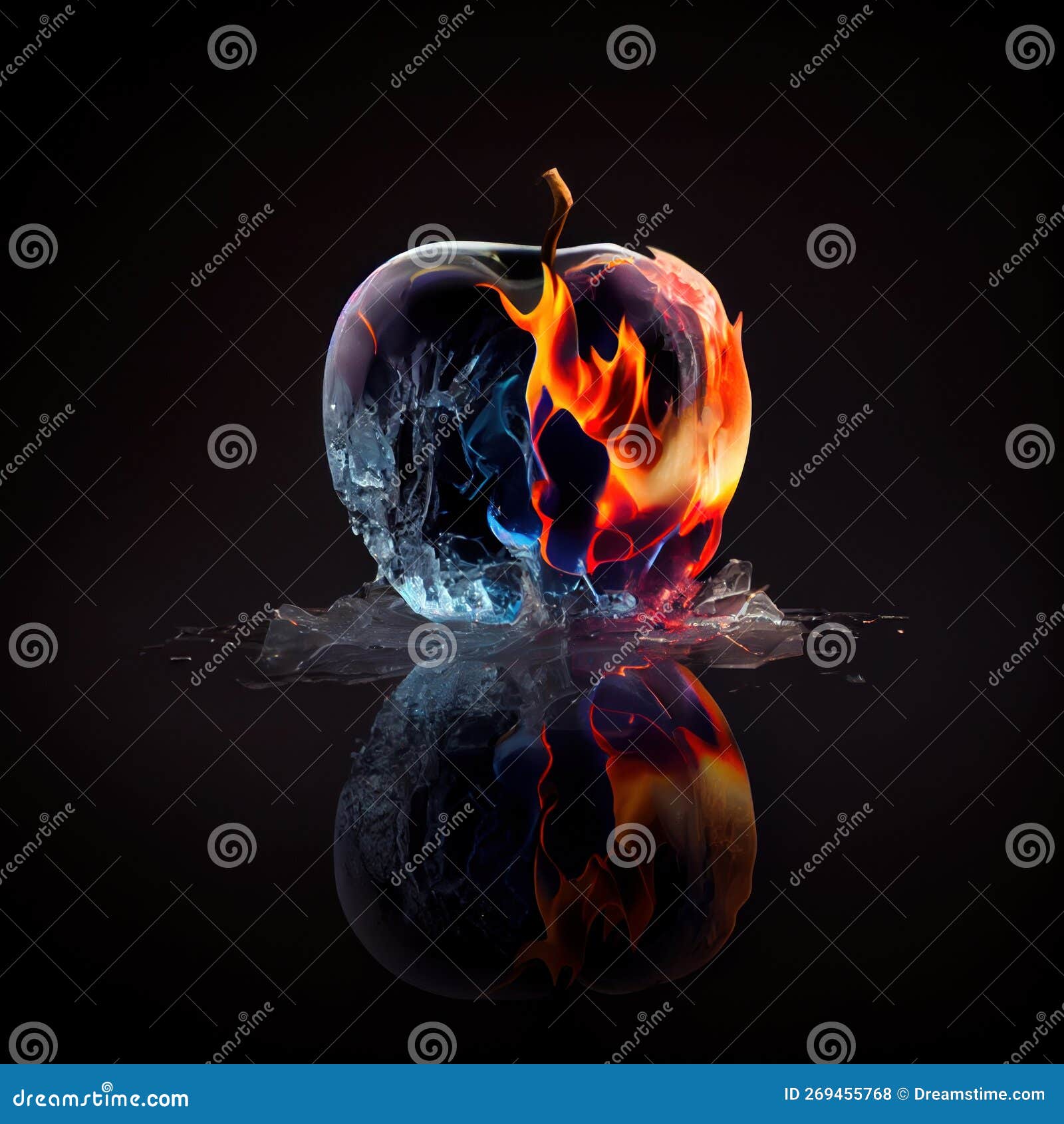 Apple in the Clash of Ice and Fire on Black Background. Stock ...