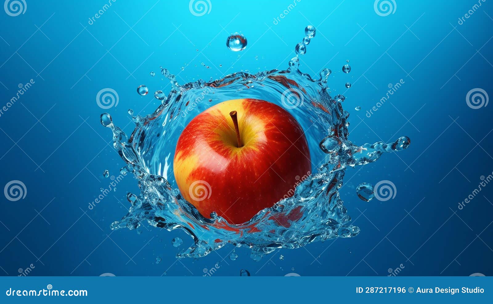 Apple Dropped on the Blue Water Surface with Apple Slice and Water ...