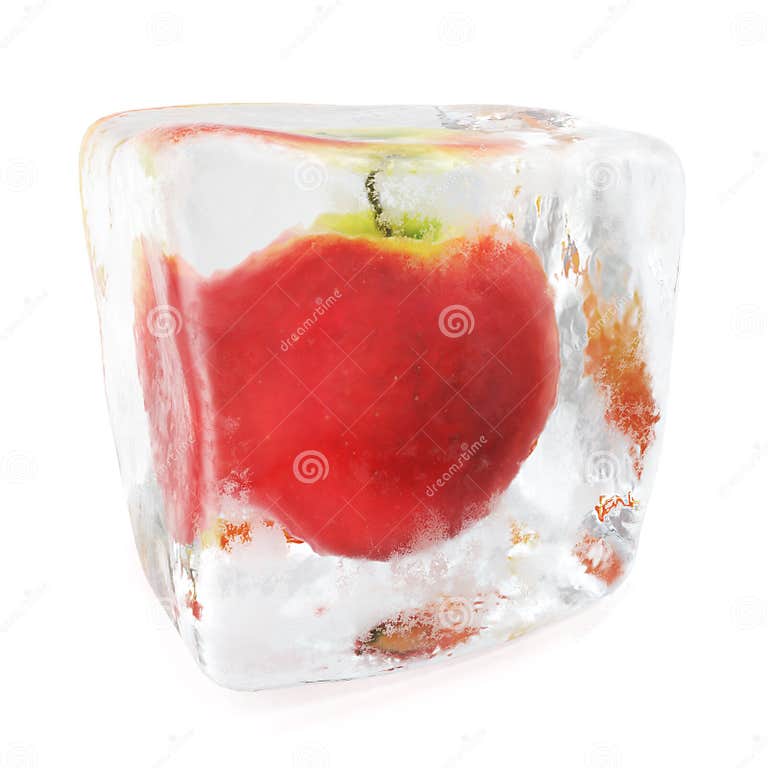 Apple Frozen in Ice Cube. Ice Cube in Front View, Single Ice Cube ...