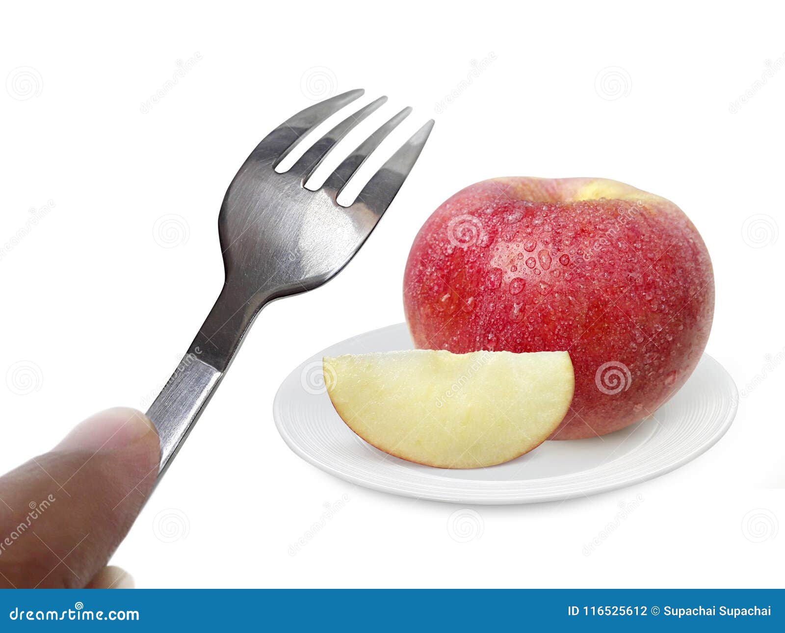 Apple Fruit on Dish and Fork Isolated on White Background Stock Photo ...