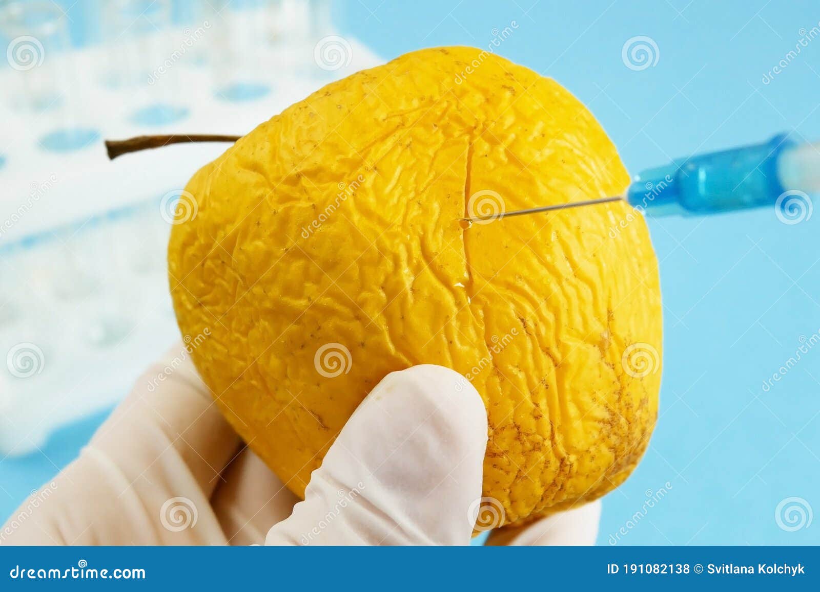 Apple in Genetic Engineering Laboratory with Syringe and Test Stock ...