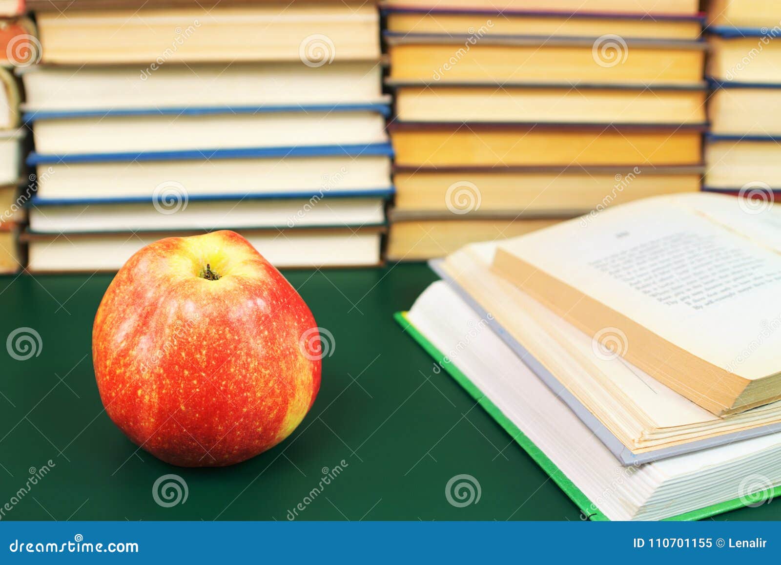Apple on the Green Table and Opened Books Stock Image - Image of fruit ...