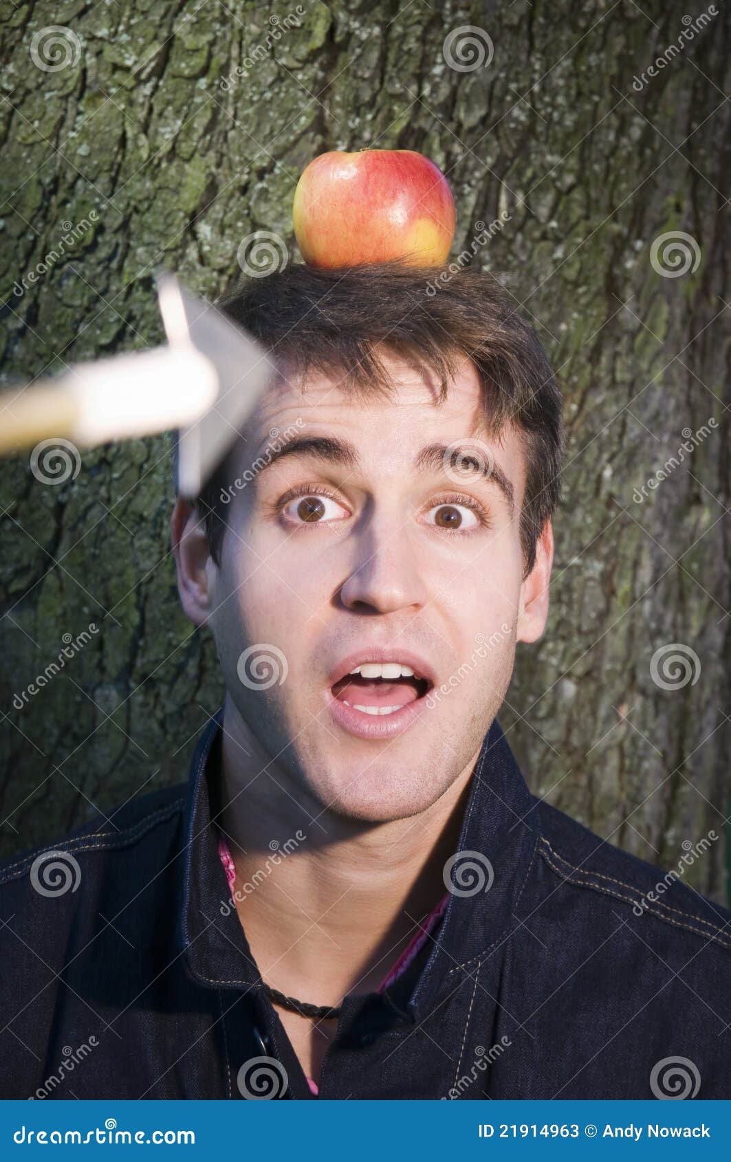 Apple on head with arrow stock image. Image of expression - 21914963