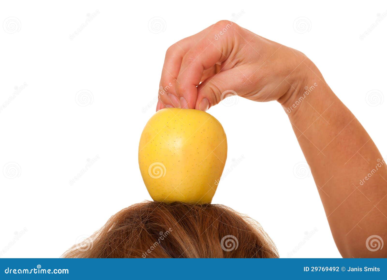 Apple on head. stock photo. Image of white, hand, female - 29769492