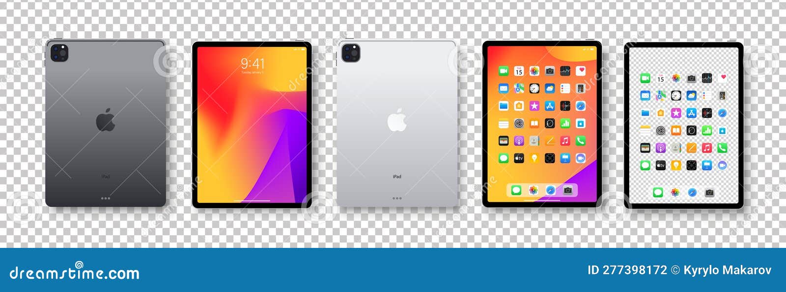 Apple IPads. Front, Back View. Gray, Silver. Mini, Air, Pro Models ...