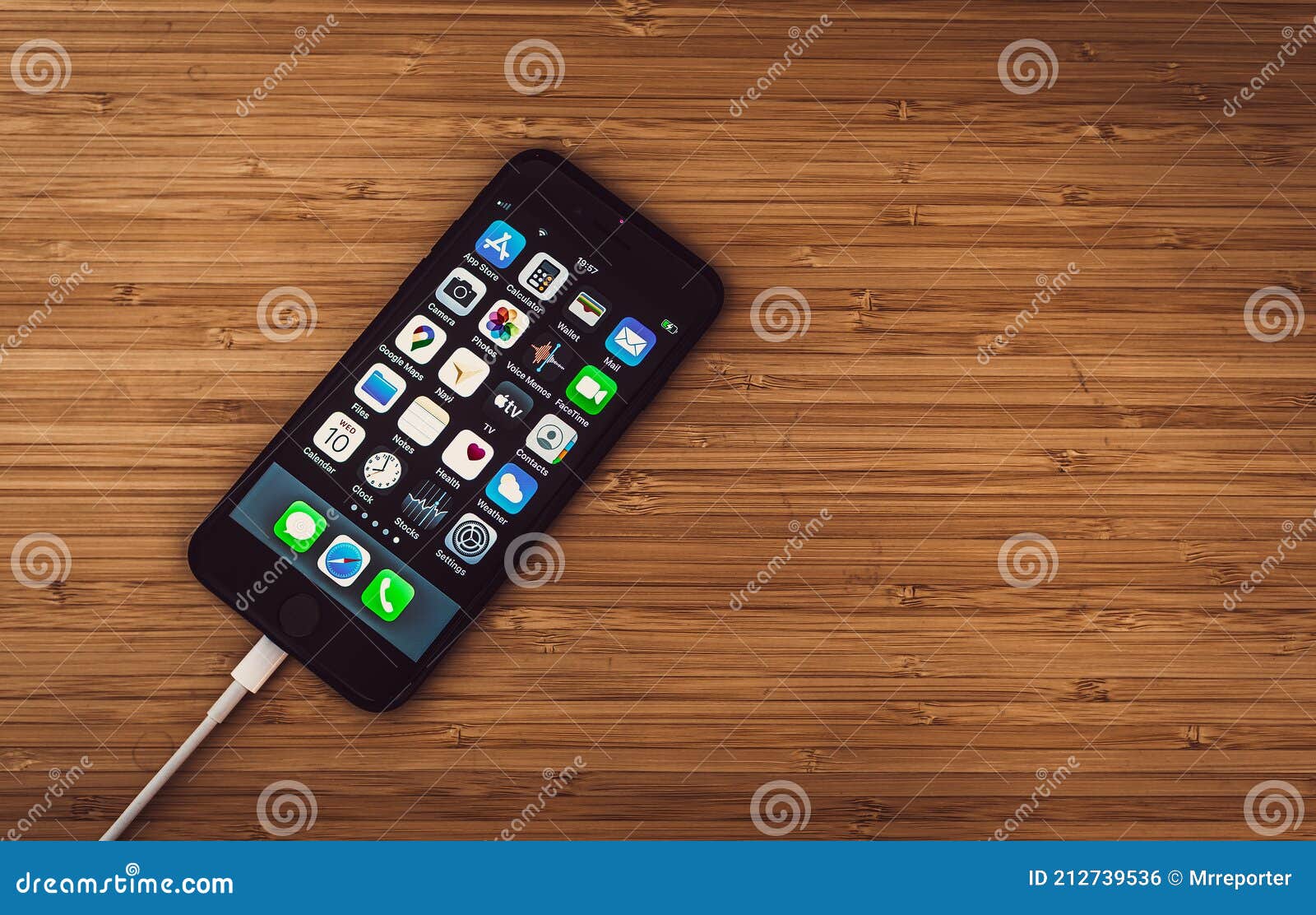 Apple IPhone-7 Black Smartphone on Table Charges and Shows the Menu ...