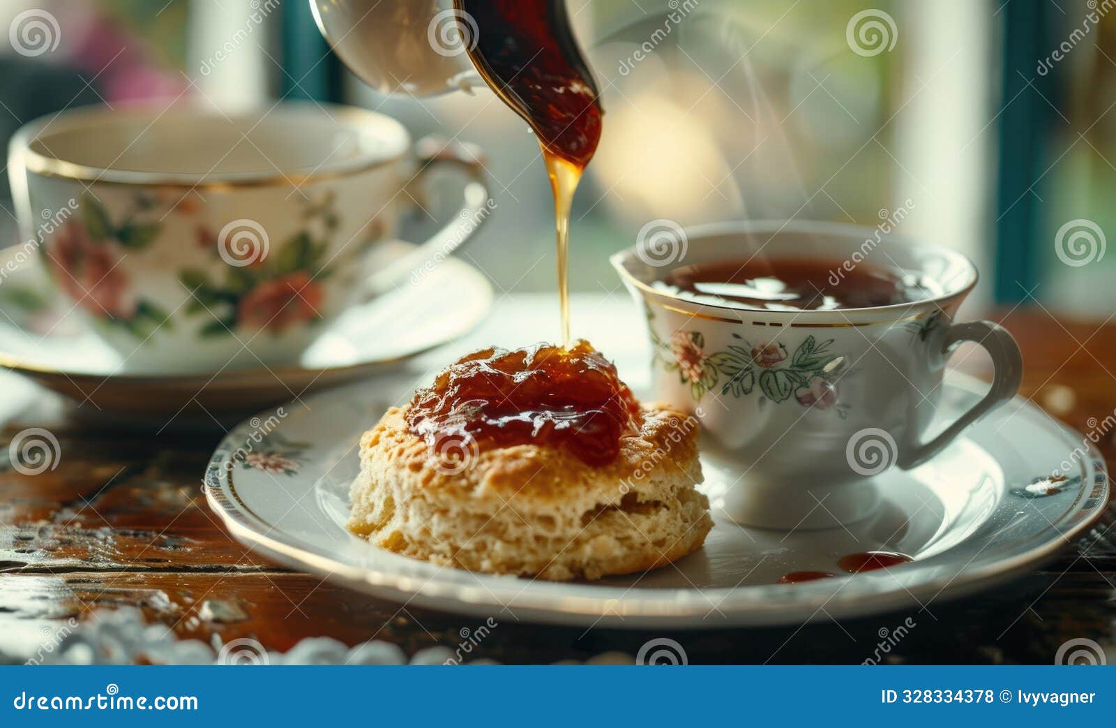 Apple Jam Being Spread on a Scone with a Cup of Tea Stock Photo - Image ...