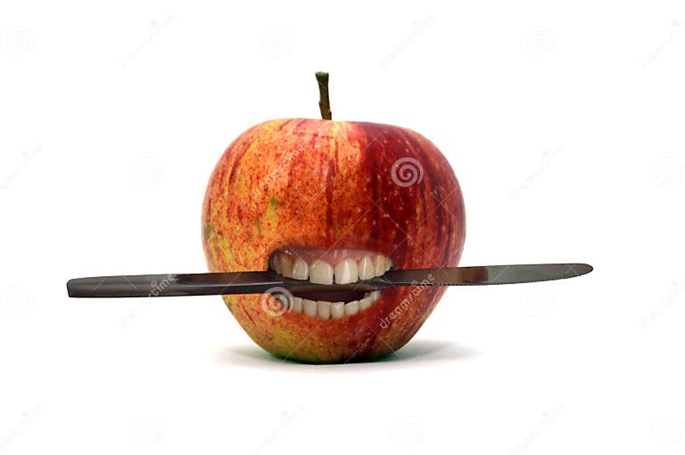 Apple with Knife between Teeth Stock Image - Image of natural, health ...