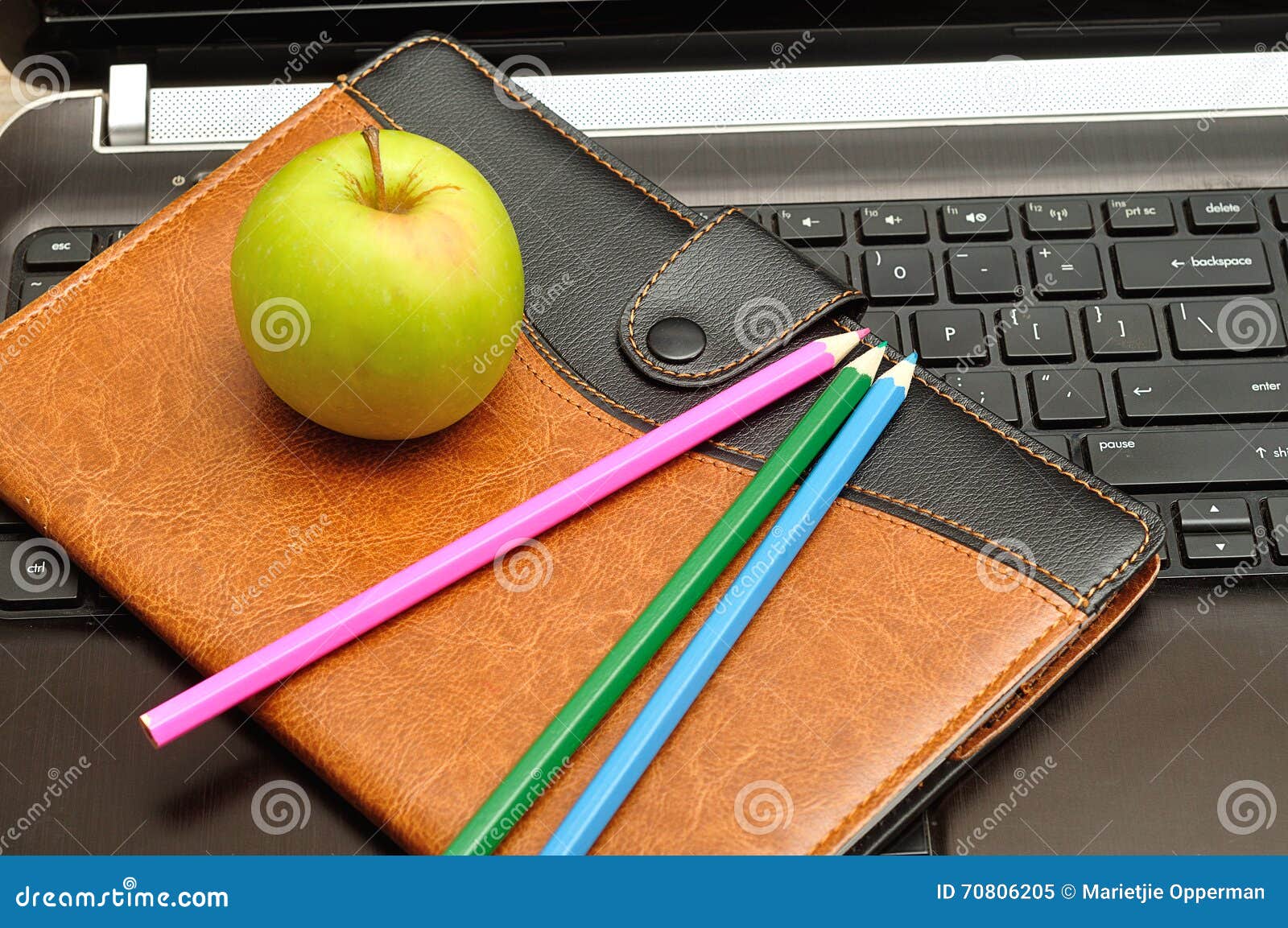 Apple, Notebook, Pencils and Laptop Stock Image - Image of ...