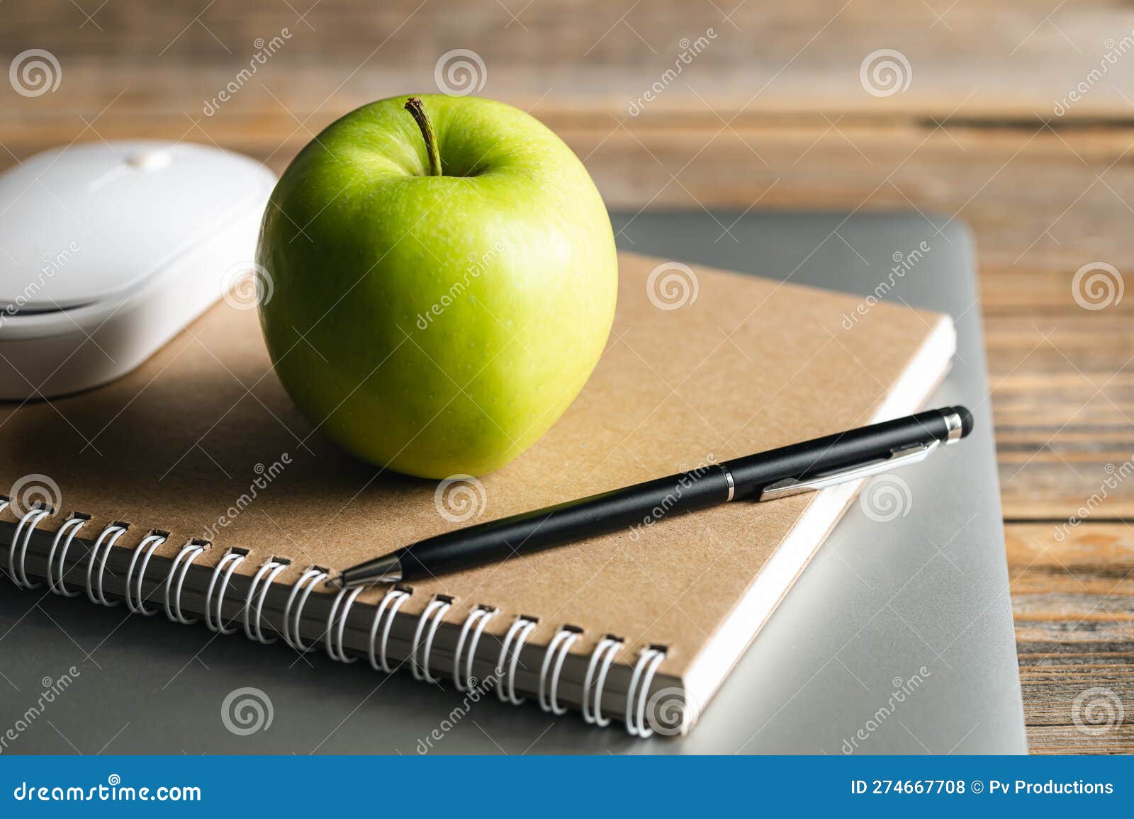 Apple, Notepad and Laptop on the Desktop. Stock Photo - Image of desk ...