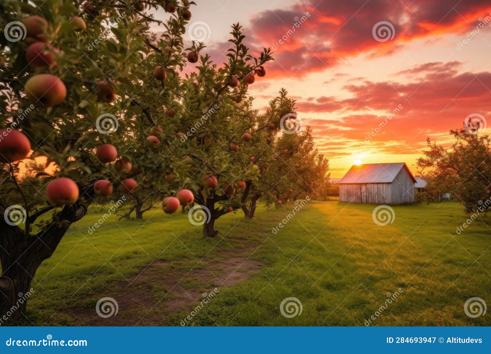 Apple Orchard Landscape during Sunset Stock Image - Image of apple ...