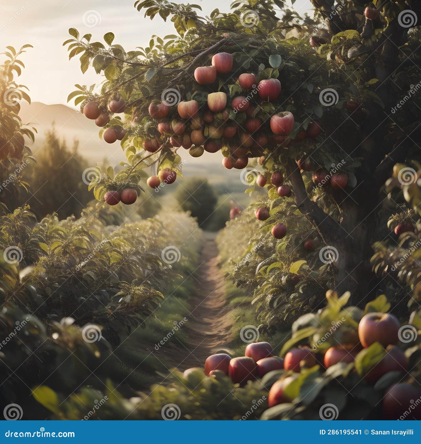 Apple Orchard in the Morning Light. Ripe Red Apples on a Tree Branch ...