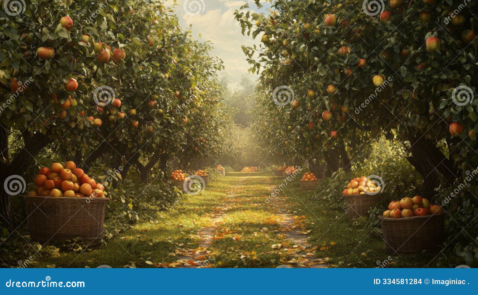 Apple Orchard Path with Baskets of Fruit Stock Illustration ...