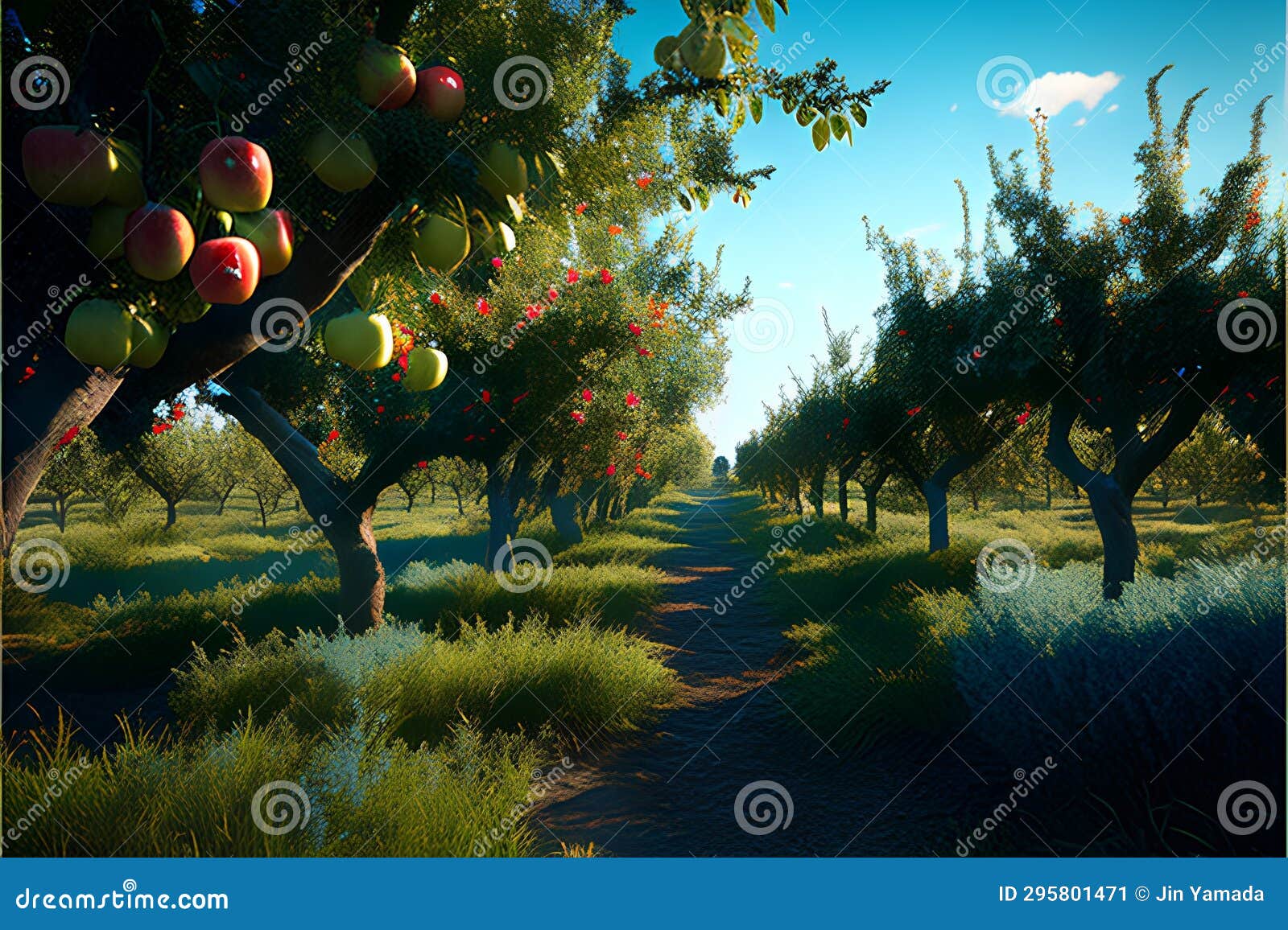 Apple Orchard with Ripe Red Apples and Blue Sky Background. 3d Render ...