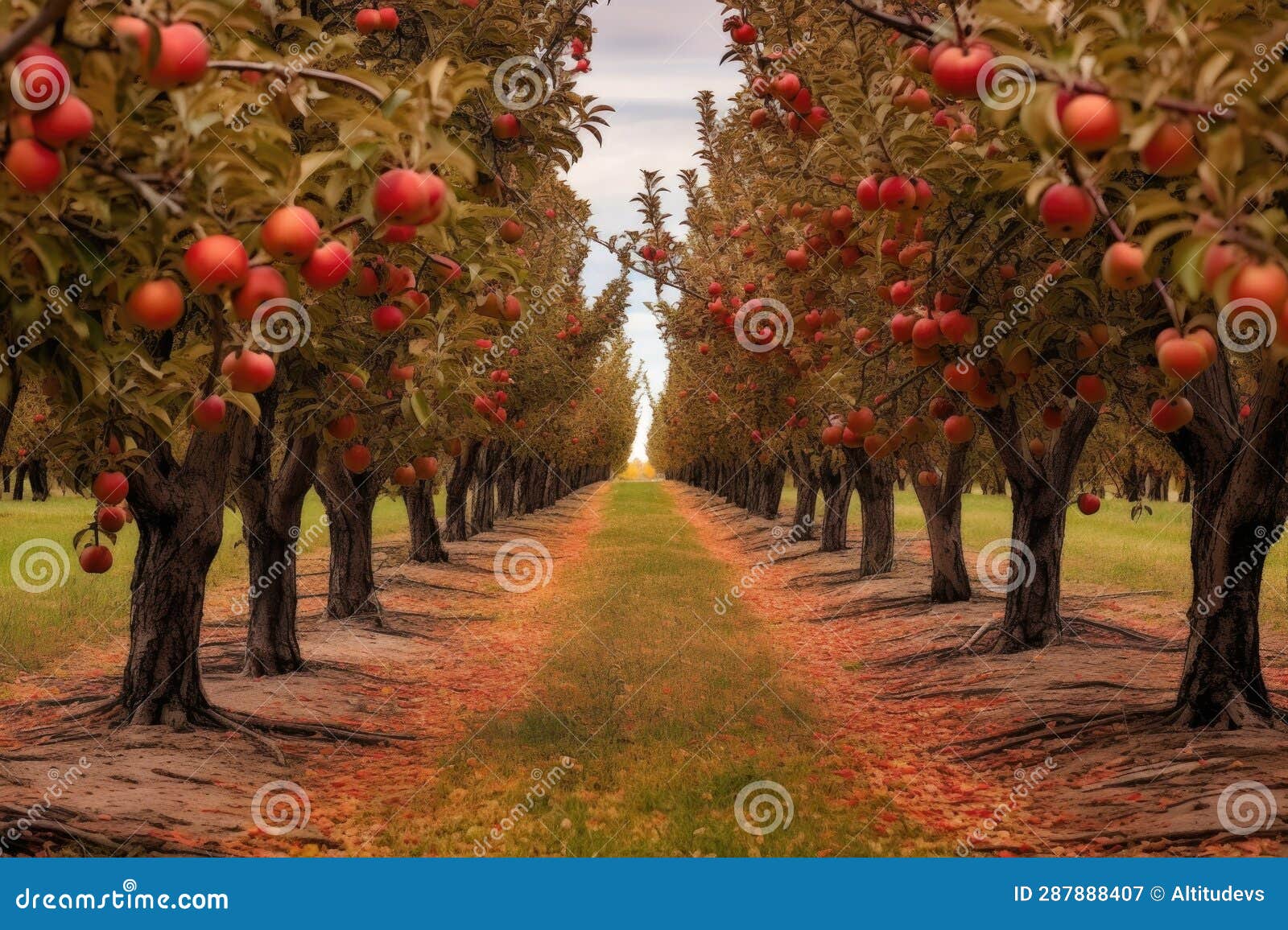 Apple Orchard Rows with Autumn Colors in Background Stock Illustration ...