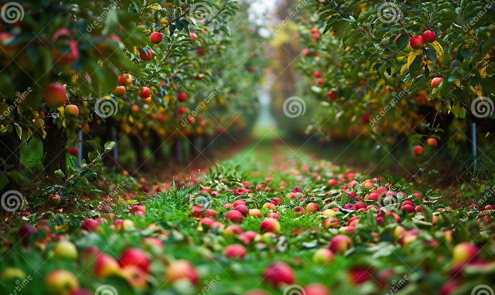 Apple Orchard with Rows of Apple Trees Fallen Apples on the Ground ...
