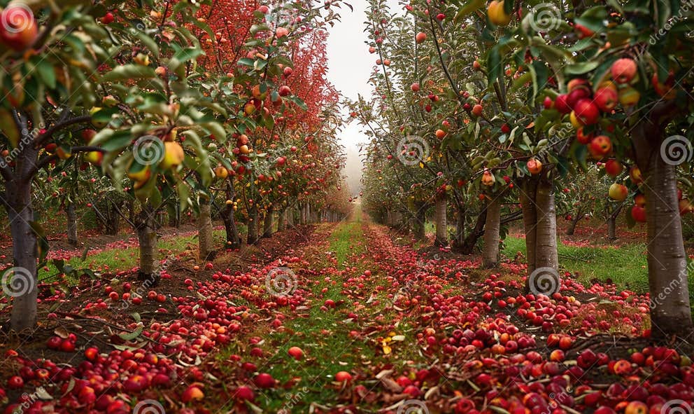 Apple Orchard with Rows of Apple Trees Fallen Apples on the Ground ...