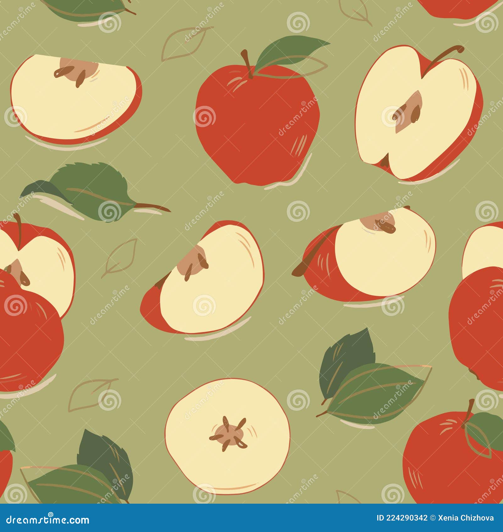 Seamless Apple Pattern On A Green Background Stock Vector