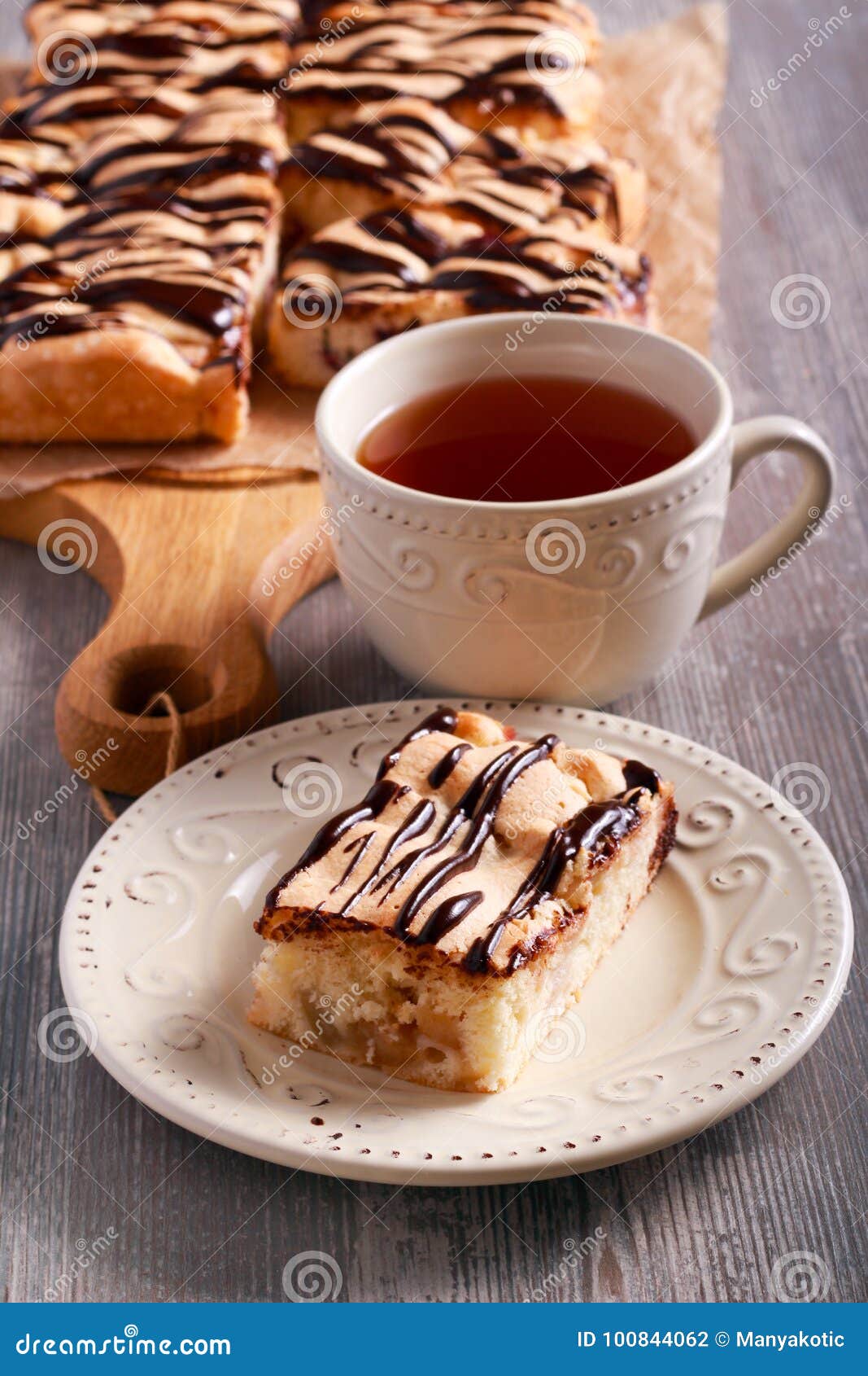 Apple and Pear Sponge Cake with Chocolate Drizzle Stock Photo - Image ...