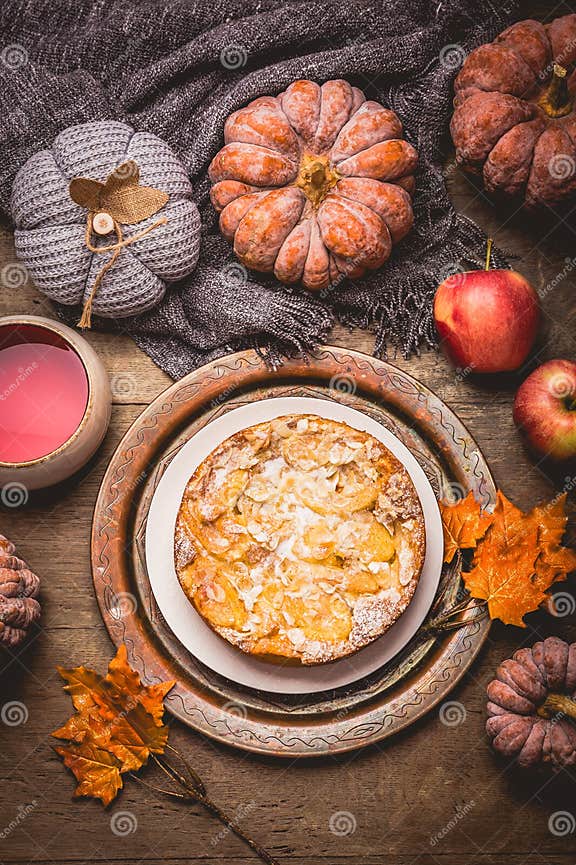 Apple Pie with Almonds and Cup of Herbal Fruit Tea for Thanksgiving ...