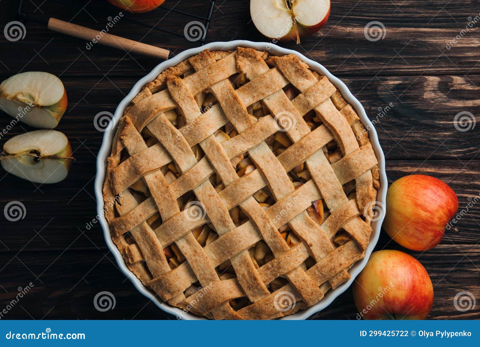 Apple Pie in Blue Form on a Dark Wooden Background with Red Apple ...