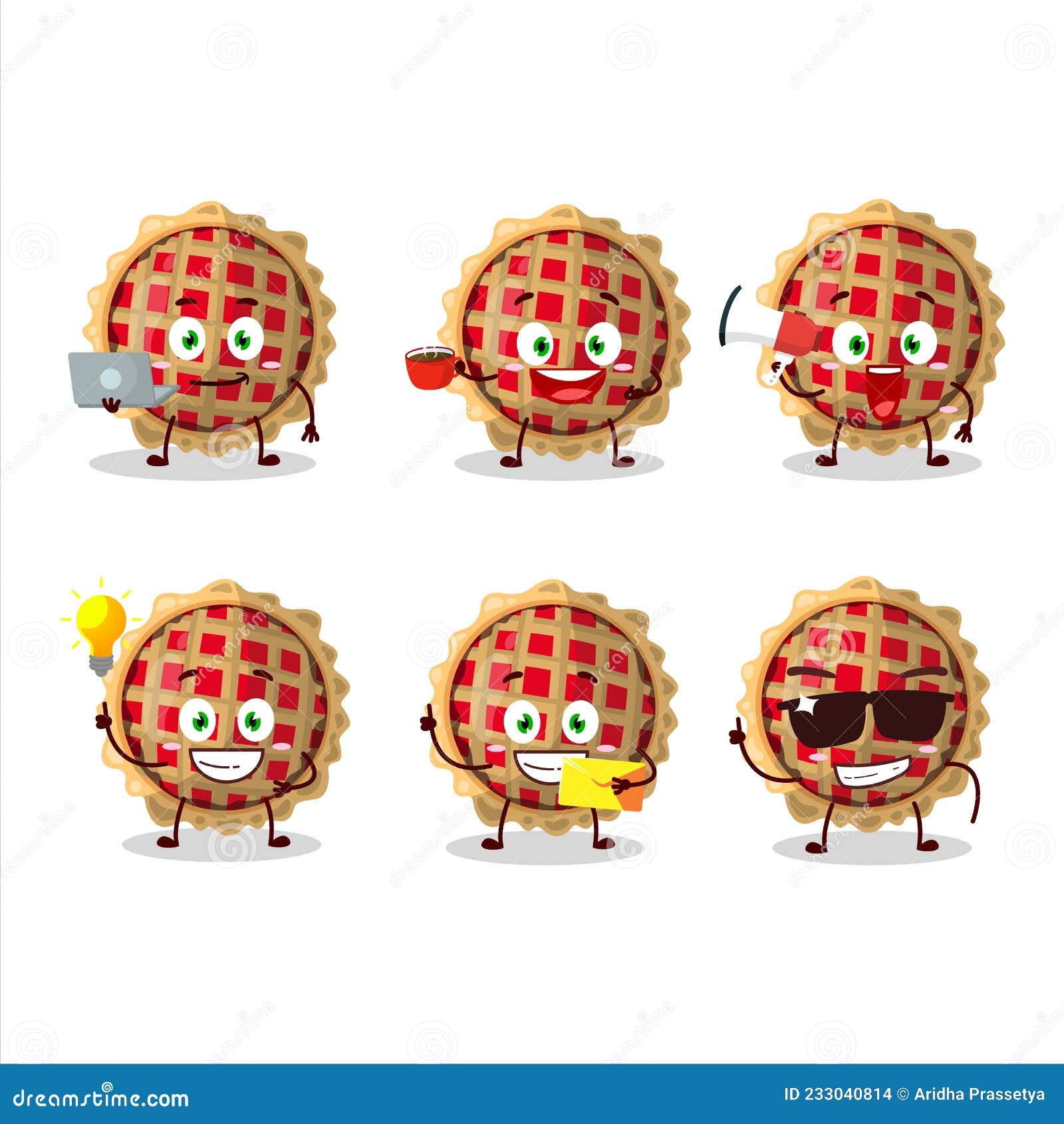 Apple Pie Cartoon Character with Various Types of Business Emoticons ...