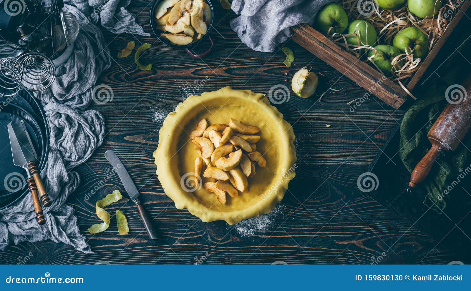 Apple Pie Making Process, Adding Apples Stock Photo - Image of pastry ...