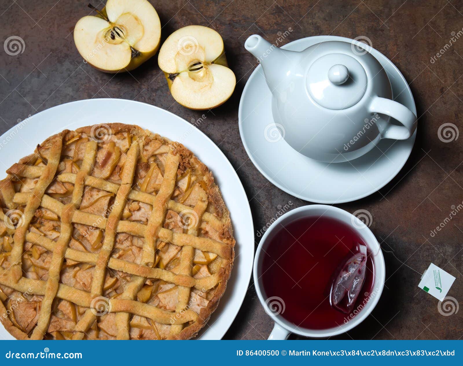 Apple pie and tea stock photo. Image of cooked, dough - 86400500