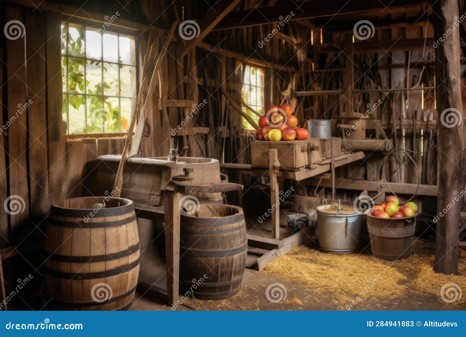 Apple Press and Cider-making Equipment in a Rustic Barn Setting Stock ...