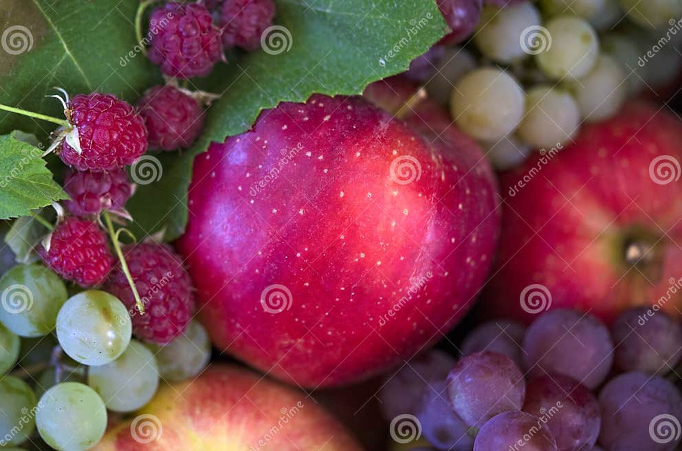 Apple, Raspberry, Grapes Close Up Stock Image - Image of grapes ...
